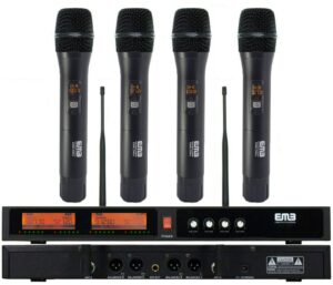 emb emic2500 wireless microphone system 4-channel uhf cordless mic set with four handheld mics, all metal build, fixed frequency, long range 260ft, ideal for church, karaoke, weddings, events