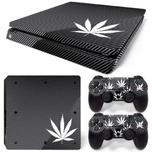 zoomhitskins compatible with ps4 slim skin, black weed pot herb white leaf carbon, durable & fit, 3m vinyl, made in the usa