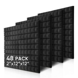 fstop labs acoustic foam panels, 48 pack black 2" x 12" x 12" mushroom studio wedge tiles, sound panels sound proof foam panels sound proofing padding for wall