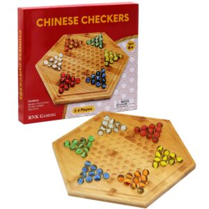 rnk gaming bamboo 12.8 inches wooden chinese checkers board game with marbles for kids and adults