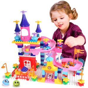 castle building blocks set for toddlers, creative large building bricks, marble run blocks, race track construction toy, preschool stem educational toys gifts for kids boys girls aged 3+(161 pcs)