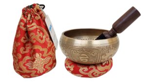 khusi 4.5 inch tibetan singing bowl, wisdom eye mantra engraved chakra bowl sound bowl w/silk cushion, leather wrap mallet and carry pouch, hand hammered made in nepal