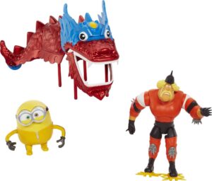 mattel minions story pack with 2 action figures & accessories, double dragon toy set with bob, svengeance & dragon with working head