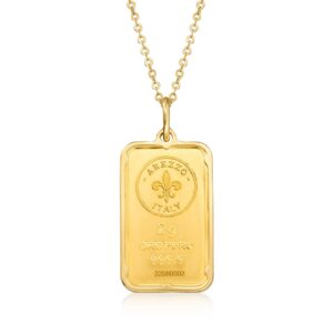 ross-simons italian 24kt yellow gold fleur-de-lis 2-gram ingot pendant necklace with 14kt yellow gold frame. 18 inches