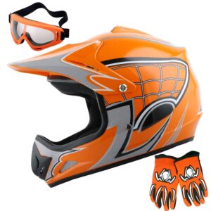 wow youth motocross helmet bmx mx atv dirt bike helmet spider web orange + goggles + martian orange glove kids bundle