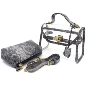 2-in-1 snake print handbag clear stadium shoulder bag with conceal clutch tote bag crossbody purse