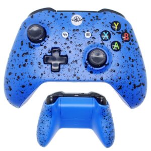 blue 3d splashing faceplate cover textured front housing shell case, back cover bottom case, non-slip back panels right left rails rear handle grips mod kit replacement for xbox one s & x controller