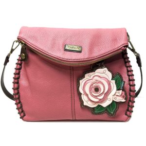 chala charming crossbody bag with flap top | flap and zipper cross-body purse or shoulder handbag with metal chain - pink (pink rose)