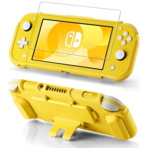 protective case bundle for nintendo switch lite, tempered glass screen protector, 4 game card slots, kick-stand, ergonomics hand grip, shockproof, anti-scratch for nintendo switch lite case yellow