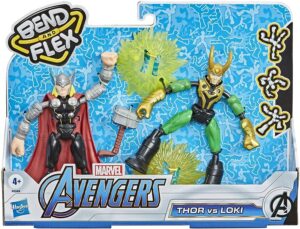 avengers marvel bend and flex thor vs. loki action figure toys, 6-inch flexible figures, includes 2 accessories, ages 4 and up