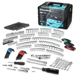 duratech 497-piece mechanics tool set, include sae/metric sockets, 90-tooth ratchet and wrench set in 3 drawer tool box