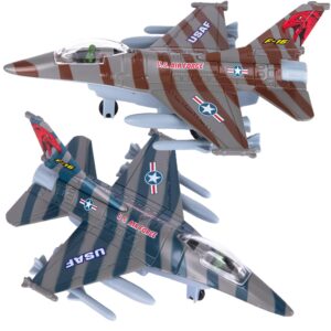 artcreativity diecast f-16 fighter jet toy, pull back military fighter jets, set of 2, diecast metal airplane jet toys, air force military cake decorations, birthday gift for toddler boys and girls