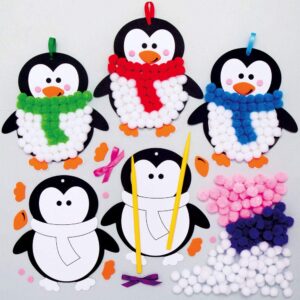 baker ross ax356 penguin pom pom decoration kits - pack of 5, christmas tree ornmanets for kids arts and crafting activities