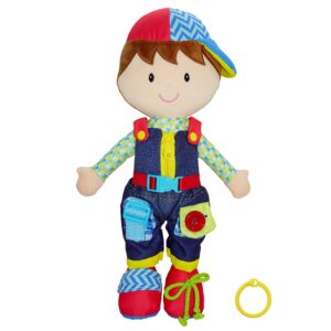 june garden 15.5" dressy friends lucas - educational stuffed plush doll for kids and toddlers 2 years and up - montessori buckle soft toy