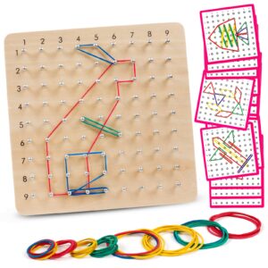 skrtuan wooden geoboard with rubber bands, montessori educational toy for kids, pattern block geo board with pattern cards and rubber bands create to figures shape stem puzzle matrix brain teaser