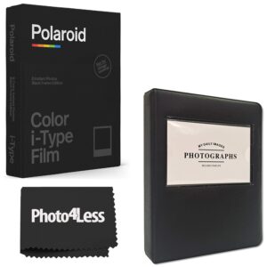 polaroid color film for i-type - black frame (8 exposures) + black album holds 32 photos + cloth