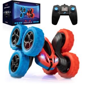 force1 crawler 6 remote control car for kids - 6 wheeled rc car double sided driving with leds, 360 flips, all terrain rc crawler wheels, and 2.4 ghz remote control, red/blue