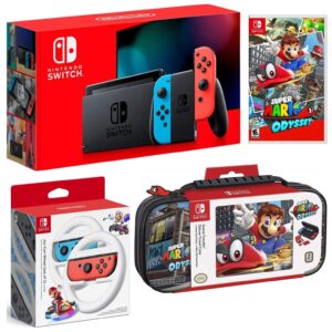 nintendo switch bundle: 32gb console red and blue joy-con, nintendo switch wheel (set of 2), super mario odyssey video game and deluxe travel case (renewed)