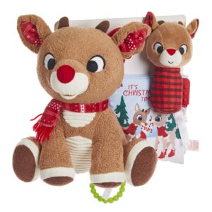 kids preferred rudolph the red-nosed reindeer set with stuffed animal, plush rattle, & crinkle teether activity soft book, christmas holiday toy, boys & girls 0 and up