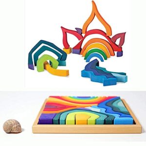 moderngenic 'four elements' rainbow x-large rainbow blocks, wooden toys for kids, geometric building puzzle, volcano/house educational set