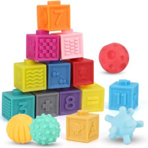 nueplay baby blocks toys early learning building blocks ball set teethers babies bath toys squeeze play with numbers shapes animals fruit and textures toy for 6 months & up toddlers-16 pcs