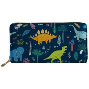 jeocody cartoon leaves tree dinosaur triceratops brachiosaurus stegosaurus tyrannosaurus women wallet leather zip phone clutch large travel organizer coin purse navy blue