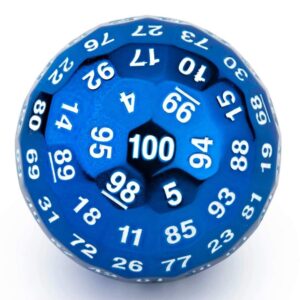 single 100 sided polyhedral metal zinc alloy dice d100 dice dungeon, solid blue color with white numbering (50mm)