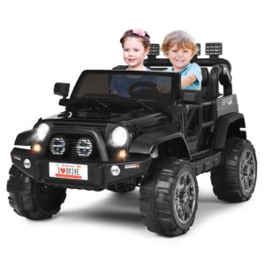 costzon 2-seater ride on truck, 12v battery powered electric vehicle toy w/remote control, 3 speed, led lights, mp3, horn, music, 2 doors open, spring suspension, ride on car for kids (black)