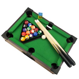 benfu mini table billiards game, home and office desktop billiards game, including pool table 15 colorful balls, 1 cue ball, 2 billiard sticks, 1 chalk triangle cube (14inches)