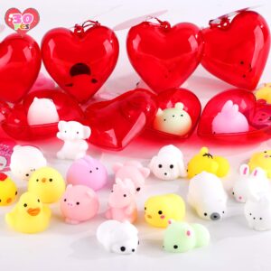 figoal 30 pcs valentine’s day kids gift mochi set with 30 assorted mochi filled hearts and 30 valentines gift cards for kids classroom prize student toy present valentine gift exchange