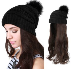 aynnqueen beanie with hair attached for women slouchy cable hat wig knit beanie winter hat with 20inch removable hair extensions wig (medium brown-black hat)