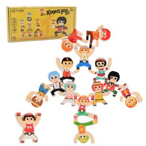 naughtybro wooden stacking balancing blocks building games, kung fu boy hercules acrobatic troupe interlock balance toys gift for toddlers kids & teens 14 pieces