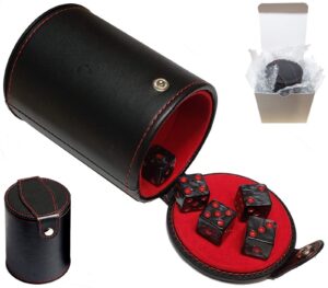 cyber-deals set of 16mm marbleized dice and black pu leather, velvet lined dice cup with storage compartment (gift boxed) (charcoal dice, red lining cup)