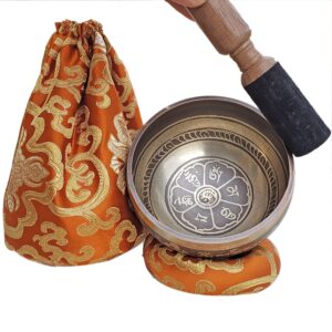 khusi 4.5 inch tibetan singing bowl set, handmade, decorative chakra bowl for mindfulness, wisdom eye mantra engraved, comes w/silk cushion, leather mallet and carry pouch