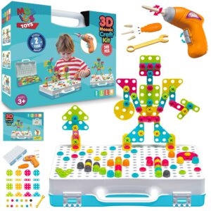 249 pcs stem learning toys – electric drill diy educational set, creative engineering with various shapes and 5 toy tools – 2&3d mosaic construction kit for toddlers, boys and girl ages 3 4 5 6 7 8 9