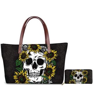 jeocody day of the dead skull sunflower tote bag large women casual shoulder bag handbag travel card holder organizer purse skeleton flower floral wallet long coin pouch gift for ladies teens girls