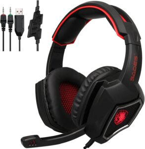 sades 3.5mm stereo surround sound gaming headset with mic, noise cancelling & led light & volume control over ear gamer headphones, red headset for pc mac laptop computer games