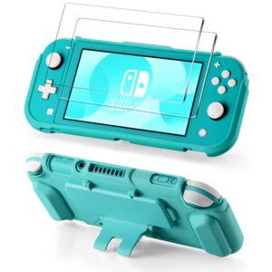 protective case bundle for nintendo switch lite, tempered glass screen protector, 4 game card slots, kick-stand, ergonomics hand grip, shockproof, anti-scratch, slim for nintendo switch lite case blue