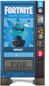 fortnite vending machine, includes highly-detailed and articulated 4-inch rippley figure, weapons, back bling, building materials. more outfits dropping soon