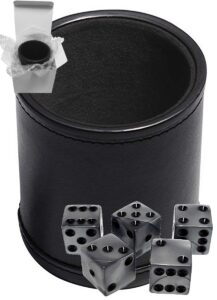 cyber-deals set of 16mm pearlized olympic dice and black pu leather velvet lined dice cup (gift boxed) (silver dice, black lining cup)