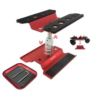 rc car work stand aluminum repair workstation 360 degree rotation lift lower w/screw tray for 1/10 1/12 1/16 scale traxxas trx4 axial arrma redcat losi rc crawler monster truck buggy (red)