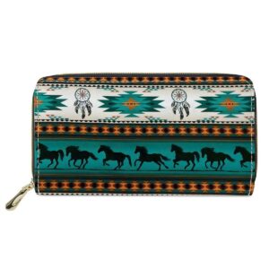 tsvaga turquoise pu leather wallets long style zip around with aztec horse printed for women girls travel shopping daily use hand purse rfid blocking cluch bag credit card,coin storage money clip