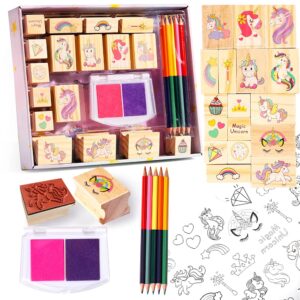 unicorn wooden stamp and sticker set for girls, stampers, inkpad, coloring pencil, sticker included, arts & crafts set for girls boys kids ages 4 5 6 7 8 9 10 years old