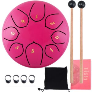 mituten steel tongue drum 8 notes 6 inches chakra tank drum with bag, music score for musical education yoga meeting office home (pink)