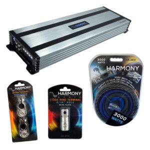 harmony audio bundle compatible with universal vehicle ha-a1500.1 3000 watt sub amp with ha-ak0 3000w amp install kit and ha-bt1 battery terminal pair (2) 8ga & ring terminal new