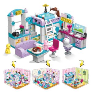 qman 6-12 girl's dream home building blocks kit educational toy, build girl's bedroom living room kitchen, 3 building methods (194 pieces)