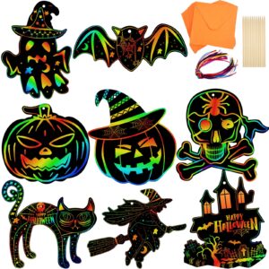 skylety 24 pcs halloween scratch craft art kit, rainbow colorful scratch paper card pumpkin jack witch shape with ribbons wooden scratch tools and envelopes for halloween theme party home decorations