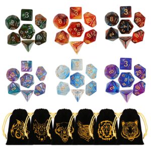 gwhole 42 pcs(6 sets) polyhedral dice with gold pattern drawstring pouches for dnd rpg mtg dungeon and dragons table board roll playing games style 2