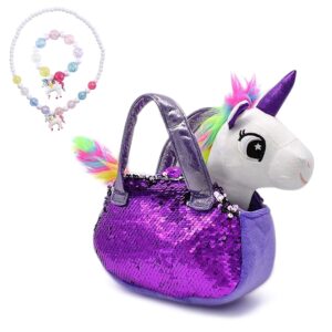 passionfruit unicorn stuffed plush animal toy set with purse necklace & bracelet - plush unicorns birthday gifts for girls - unique rainbow unicorn stuffed pet for age 3 4 5 6 7 yrs. (purple)