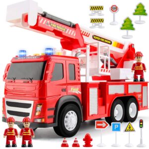 fire truck playset - 1:12 scale large size toys - realistic fire engine, 3 firemen, road signs, lights, sounds - friction-powered fire truck toys for 3 year old boys, girls, toddlers age 3 4 5